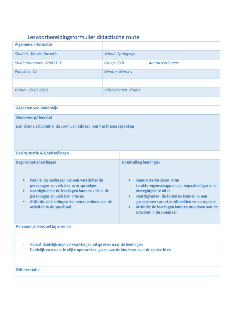 Lesvoorbereidingsformulier Didactische Route | PDF