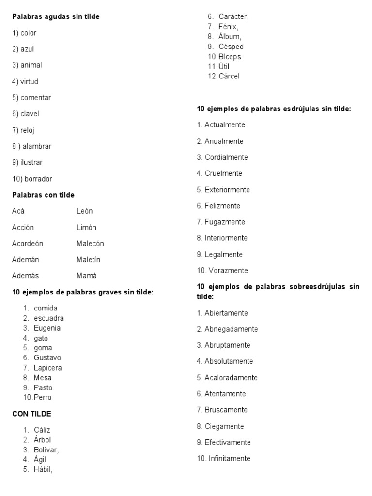 Ejemplos de palabras sin tilde | PDF