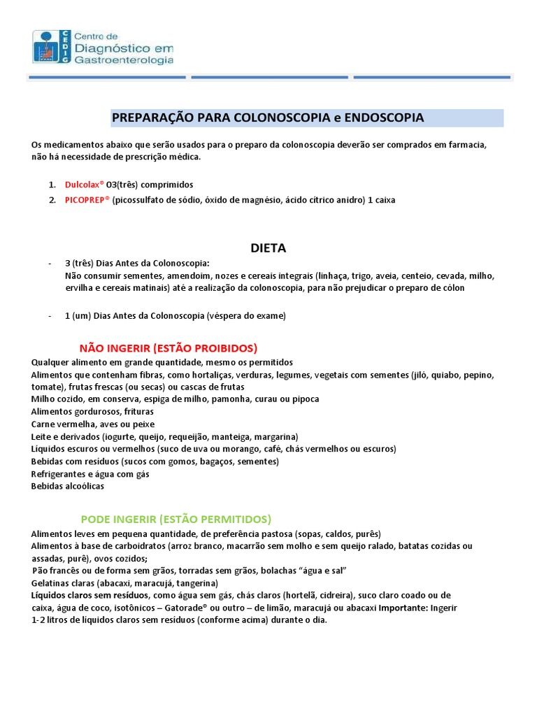 PREPARO COLONOSCOPIA e ENDOSCOPIA - Atualizado | PDF | Colonoscopia | Milho