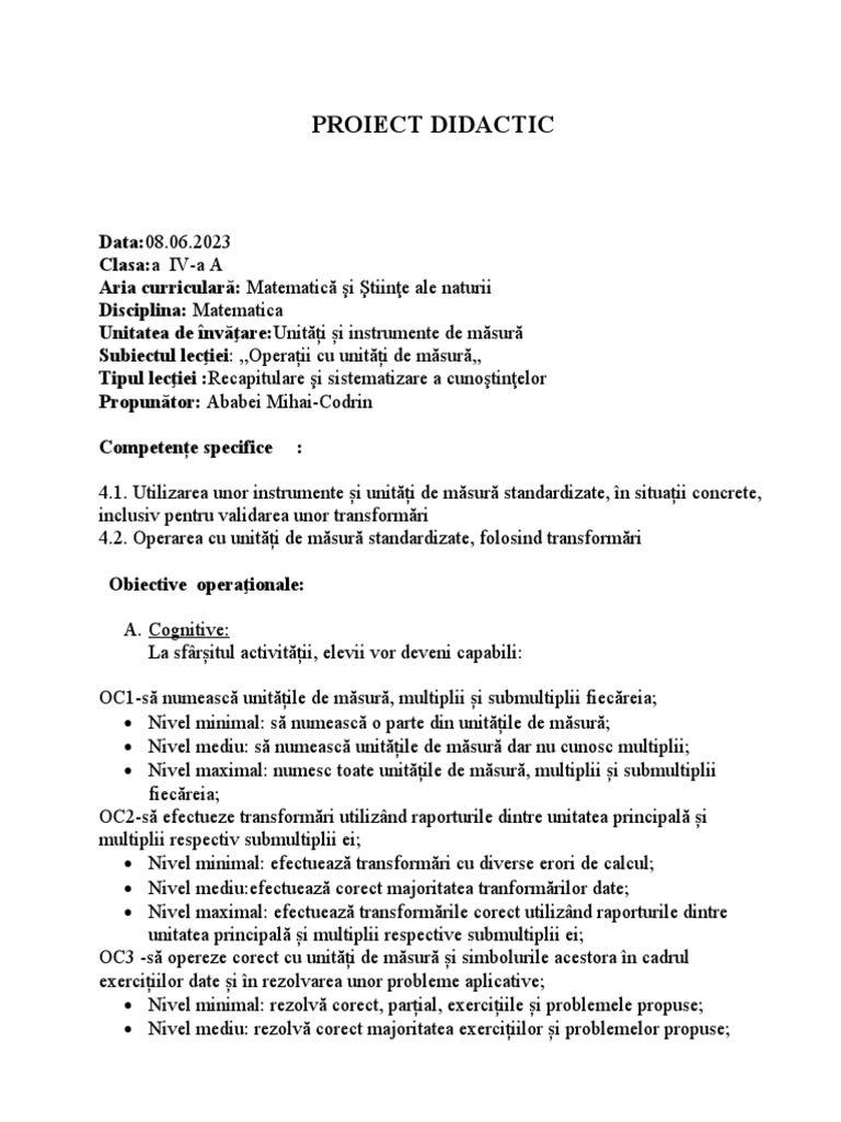 Proiect Didactic | PDF