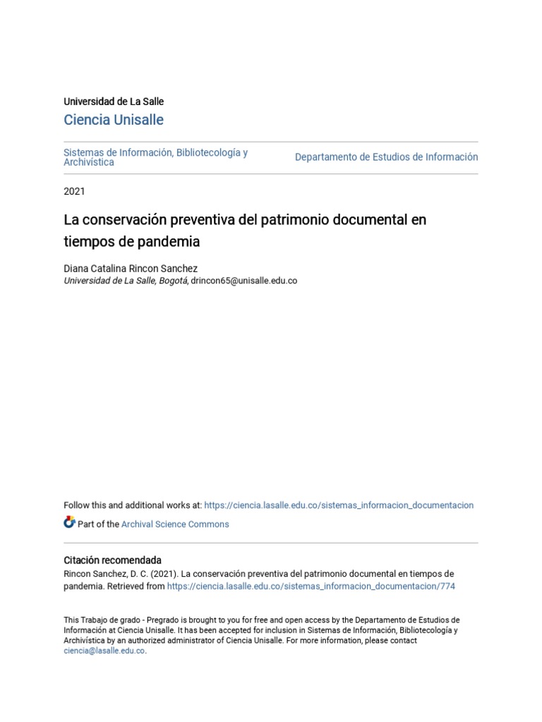 La Conservación Preventiva Del Patrimonio Documental en Tiempos D | PDF | Bibliotecas | Virus