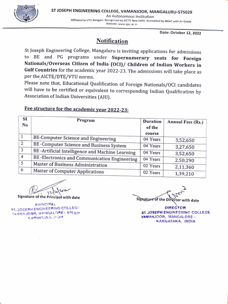 SJEC Mangalore Admission & Fee Structure | PDF | Educational Stages ...