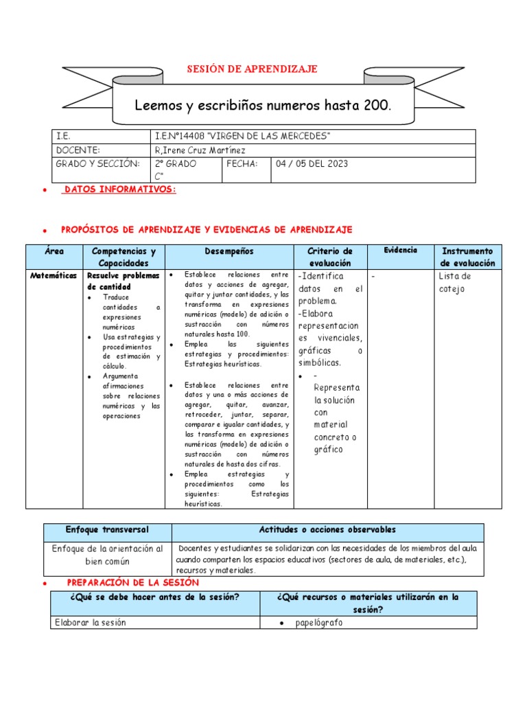Sesión de Aprendizaje Leemos y Escribimos Numeros Naturales | PDF | Evaluación | Aprendizaje