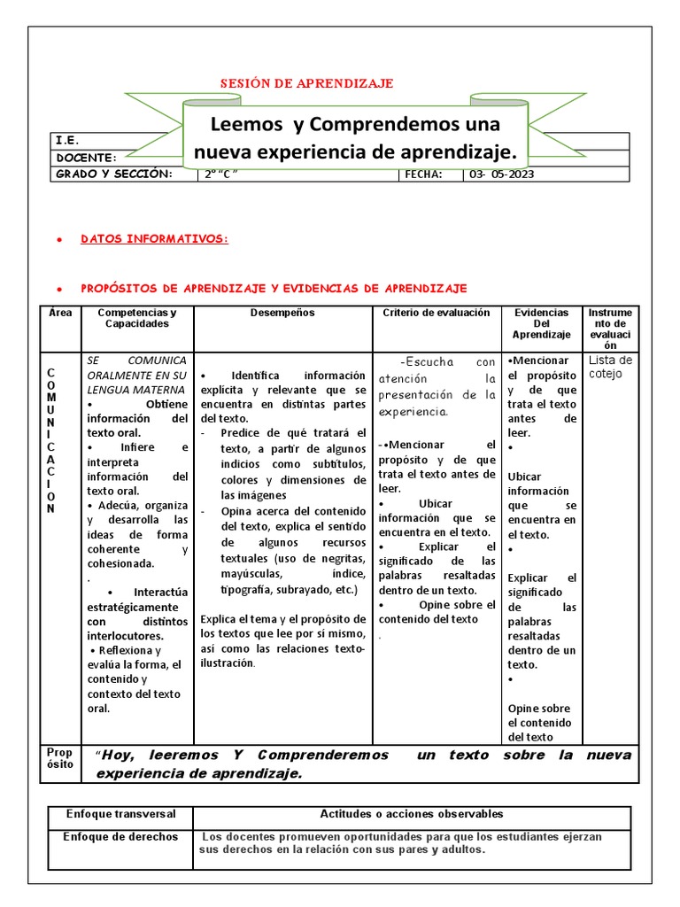Leemos y Comprendemos Una Nueva Experiencia | Descargar gratis PDF | Aprendizaje | Interacciones ...