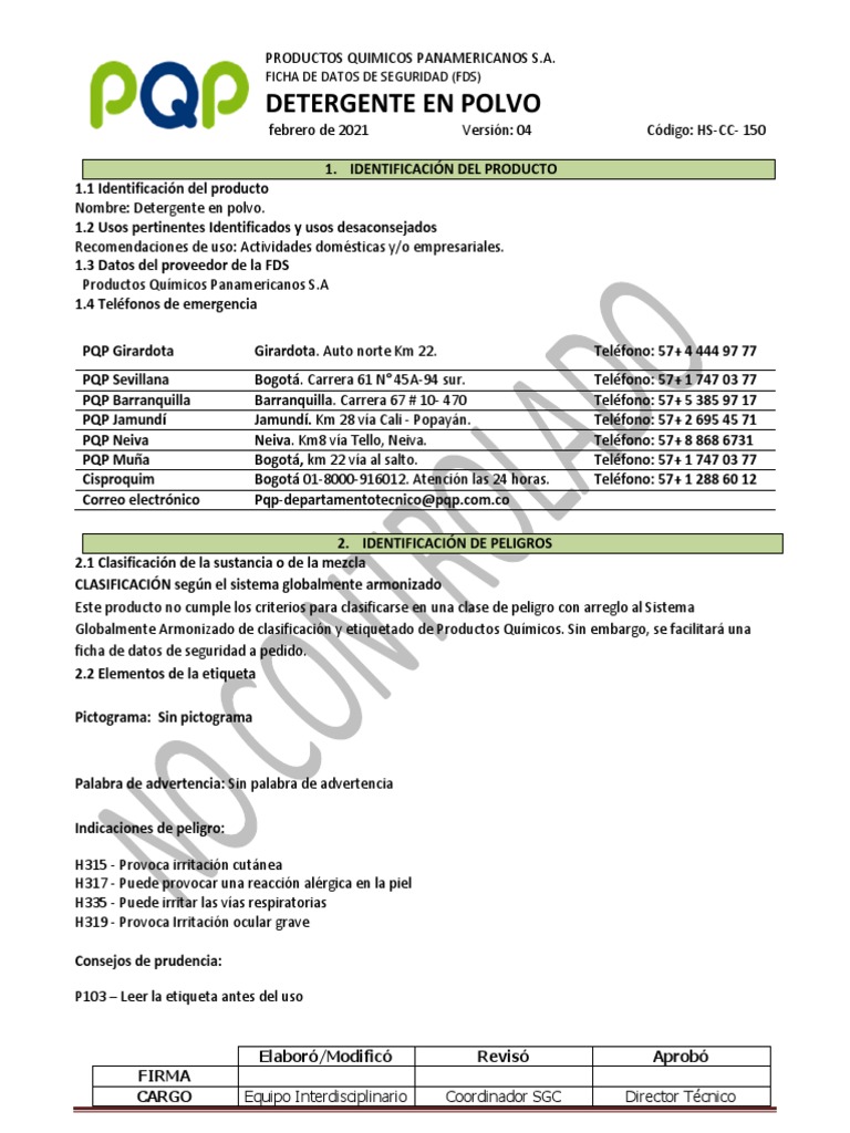 HOJA DE SEGURIDAD DERSA Detergente en Polvo | PDF | Agua | Residuos