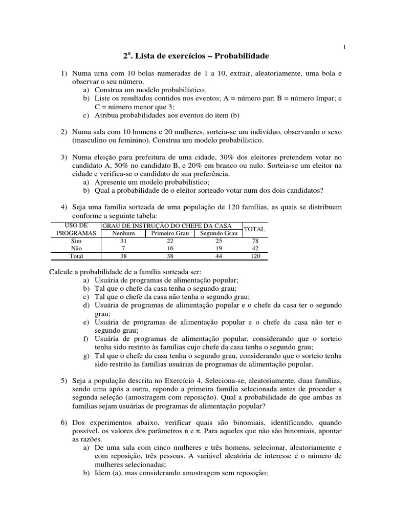 Área 1 - 006 - Exercícios-Probabilidade | PDF | Amostragem (Estatística) | Probabilidade