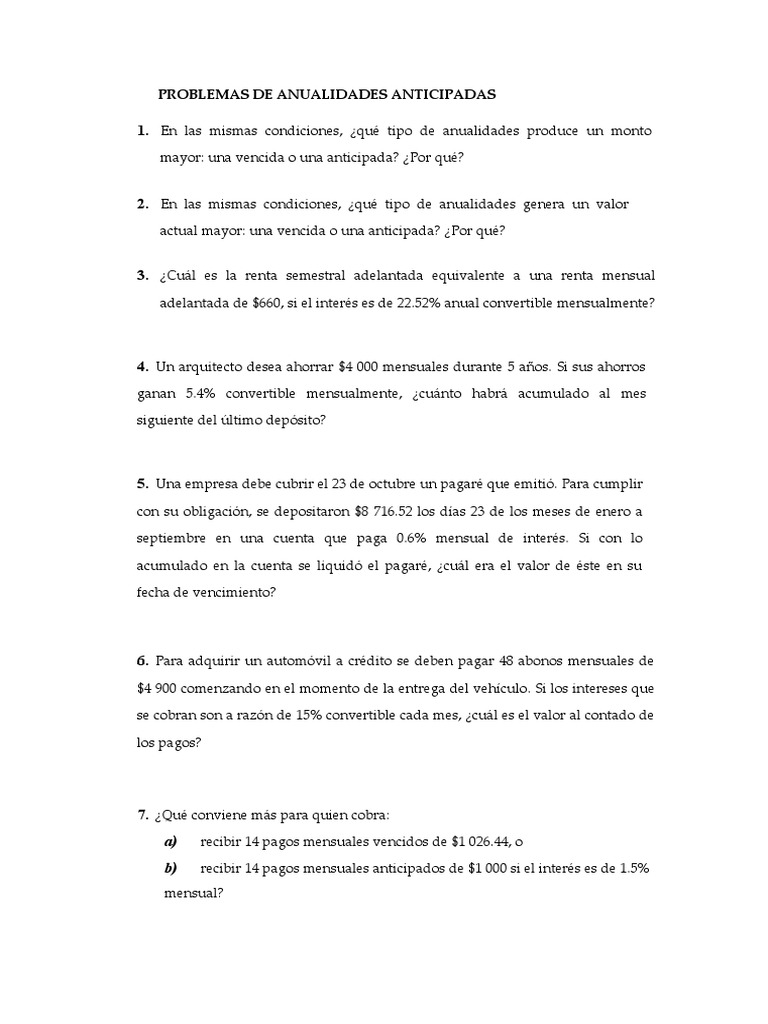 PROBLEMAS - Por Resolver Anualidades Anticipadas | PDF | Economias