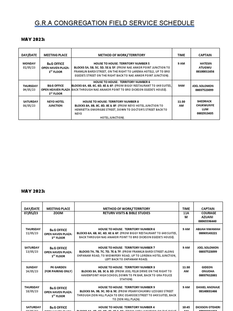 May-June 2023 Field Service Schedule | PDF