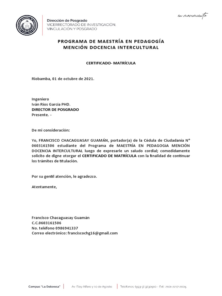 Oficio Certificado de Matricula | PDF