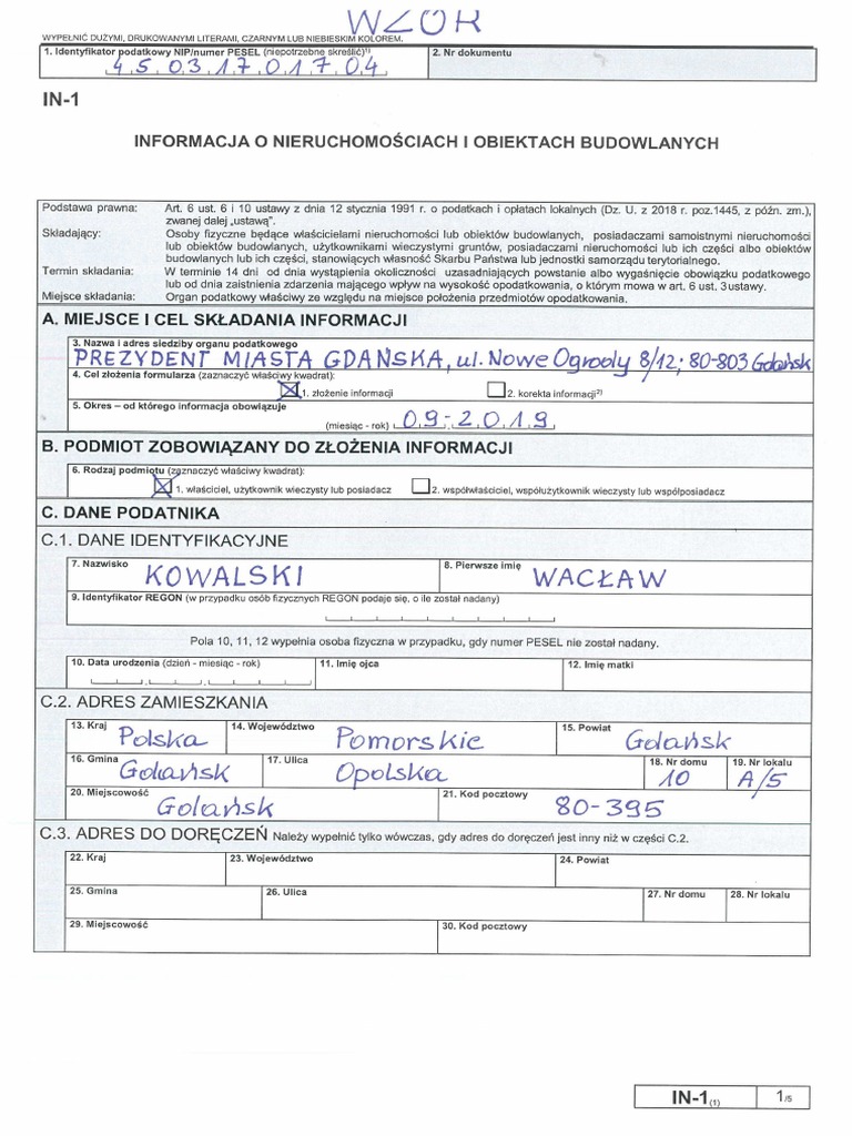 Wzór Wypełnienia Informacji o Nieruchomościach I Obiektach Budowlanych 2019 | PDF