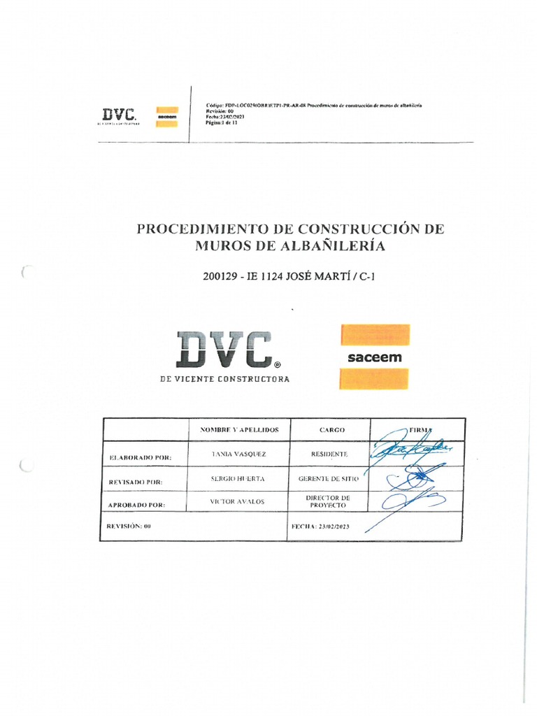 FDP-LOC029 (OBR) ETP1-PR-AR-08 Procedimiento de Muros de Albañileria | PDF FDP-LOC029 (OBR) ETP1-PR-AR-08 Procedimiento de Muros de Albañileria | PDF