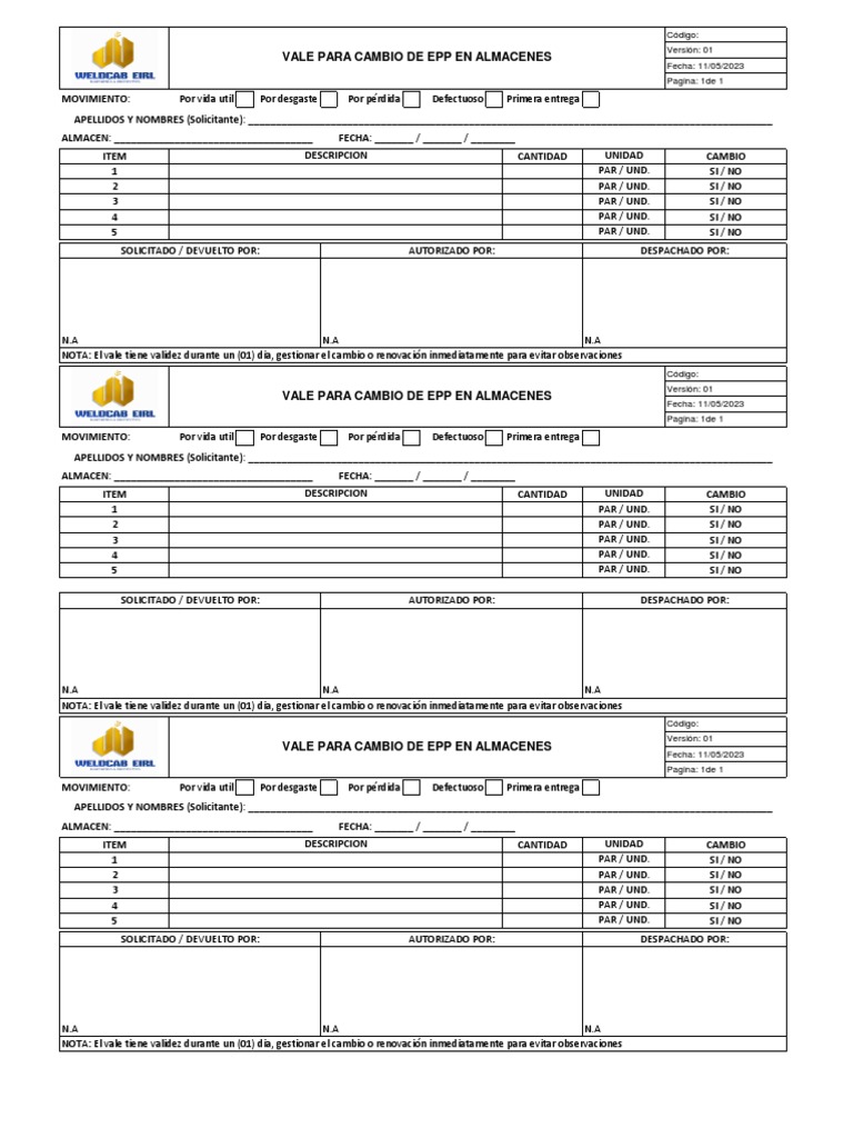 Vale Entrega Epp | PDF
