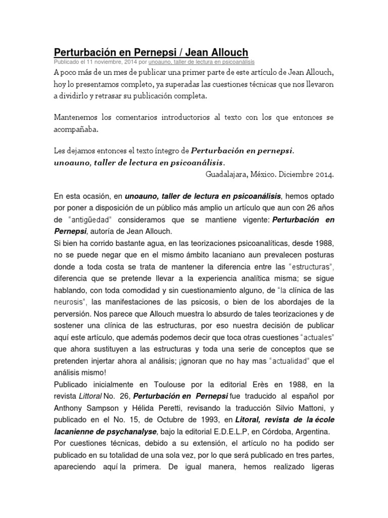 Perturbación en Pernepsi JEAN ALLOUCH | PDF | Jacques Lacan | Psicoanálisis
