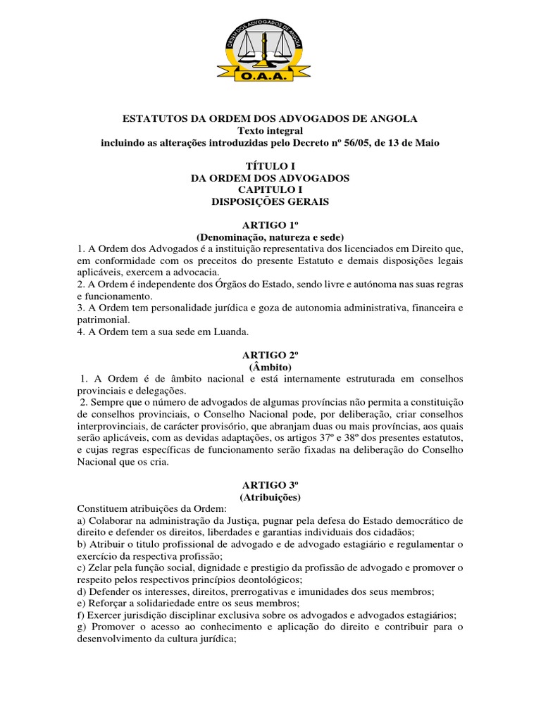 Estatutos Da Ordem Dos Advogados de Angola | PDF | Advogado | Conselho ...