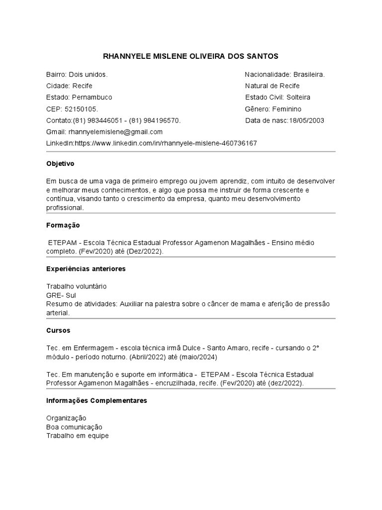 Currículo - Rhannyele Mislene Oliveira Dos Santos | PDF