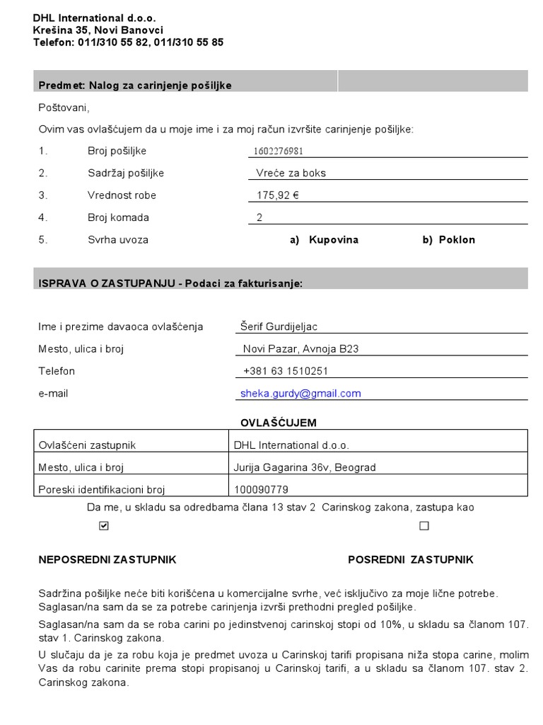 Nalog Za Carinjenje FL | PDF