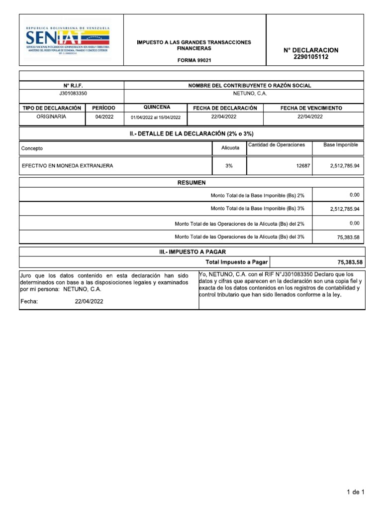 Ejemplo de Declaracion IGTF | PDF