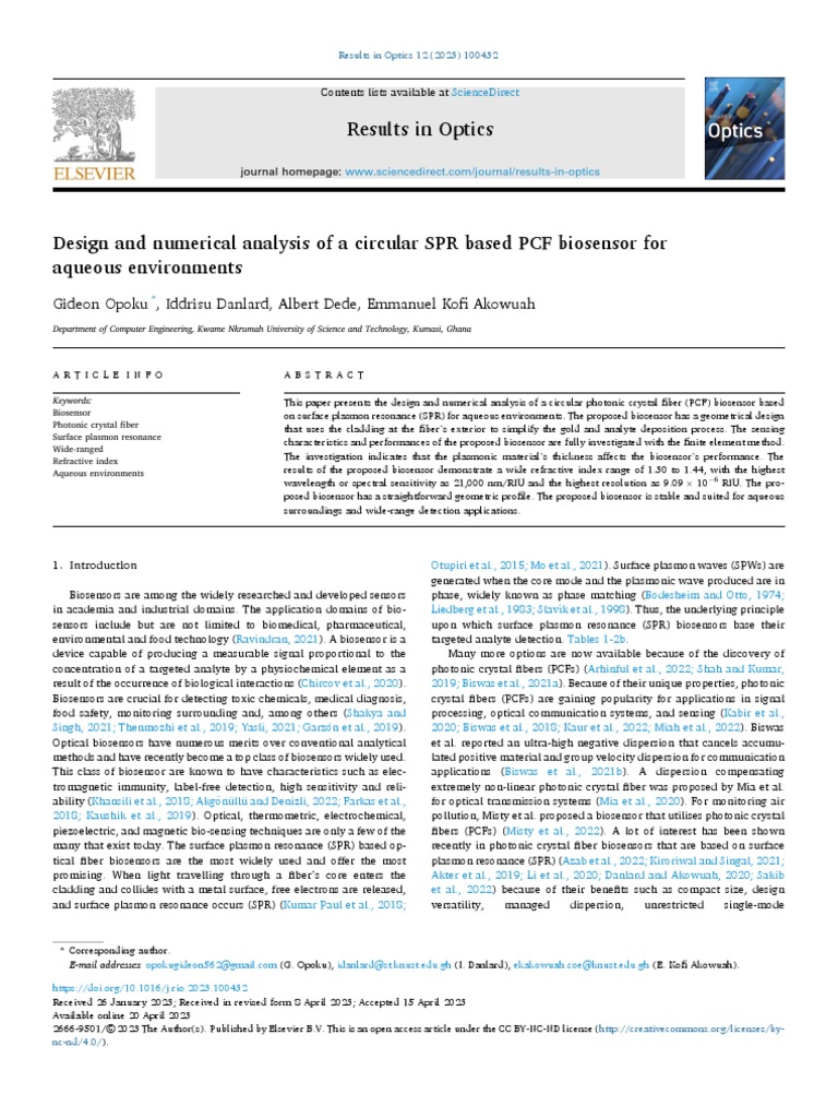 Design and Numerical Analysis of A Circular SPR Based PCF Biosensor For Aqueous Environments ...