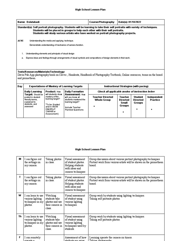 High School Photography Lesson Plan | PDF | Lesson Plan | Teachers