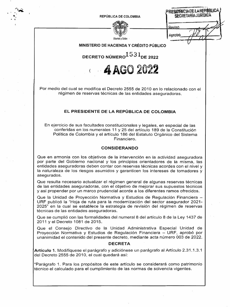 Decreto 1531 Del 04 de Agosto de 2022 | Descargar gratis PDF | Seguro | Reaseguro