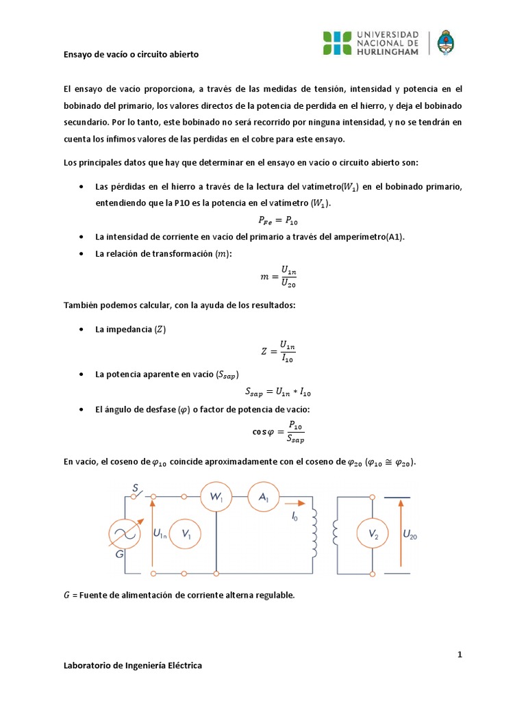 Ensayo de vacío o circuito abierto | PDF | Energia electrica | Transformador