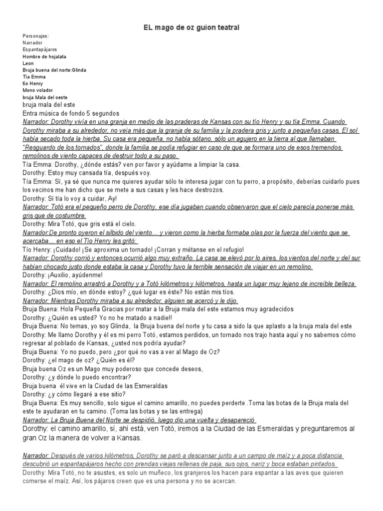 EL Mago de Oz Guion Teatral Personajes | PDF | Wizard Of Oz (Personaje ...