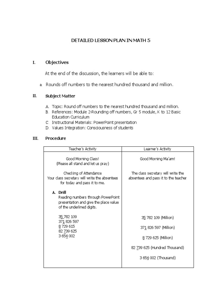 Detailed Lesson Plan in Math 5 | PDF | Lesson Plan | Teachers