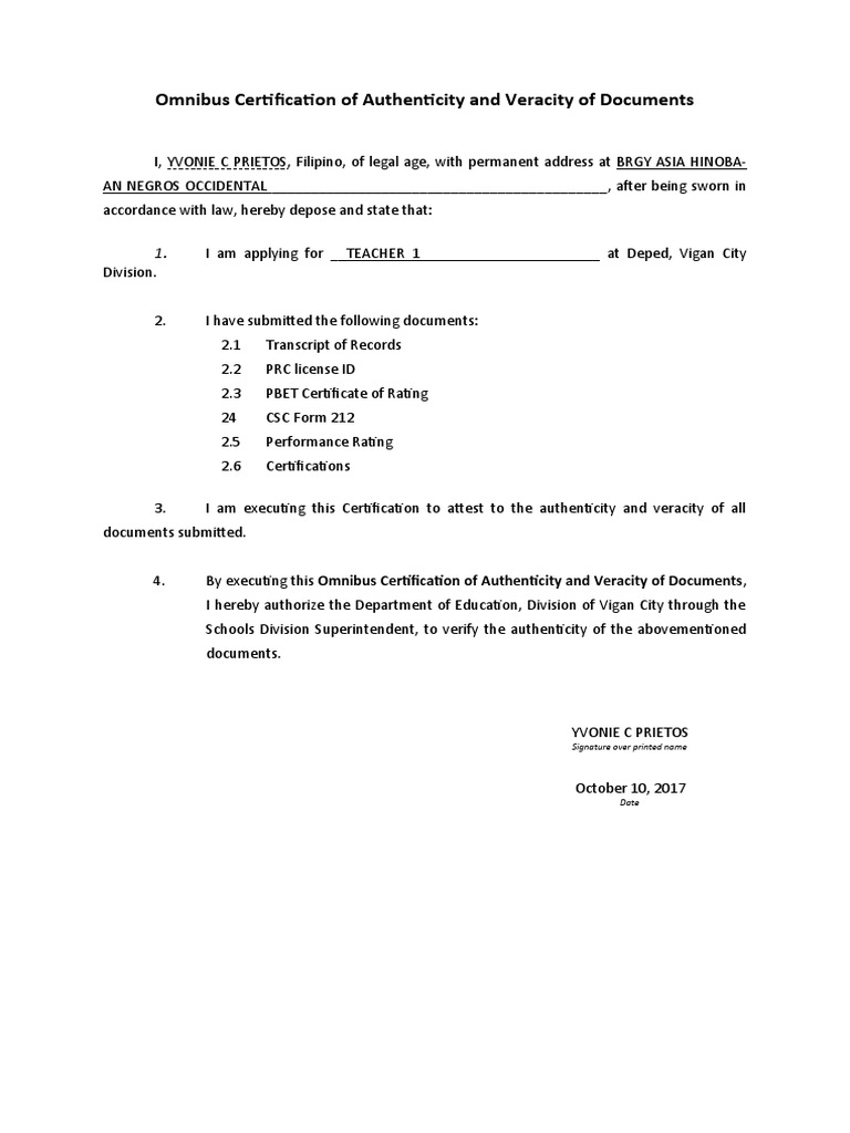 Omnibus Certification of Authenticity and Veracity of Documents | PDF
