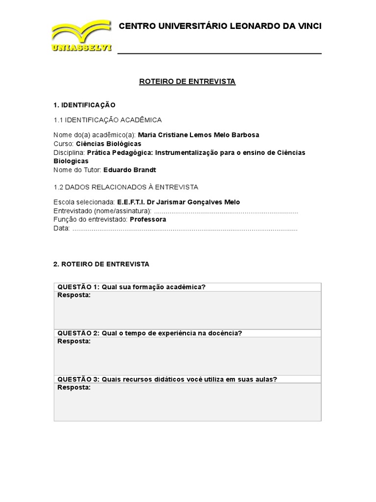 Modelo Roteiro de Entrevista Prática Pedagógica | PDF | Pedagogia ...
