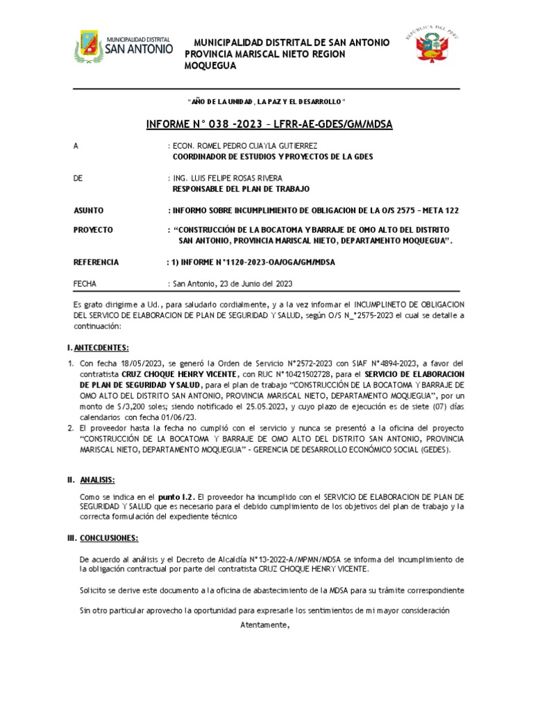 Informe N°038 Incumplimiento de Obligacion Os 2575 | PDF