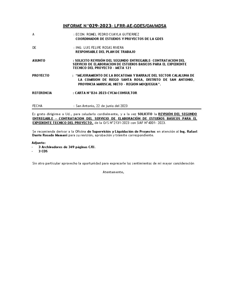 Informe N°029 Remito Segundo Entregable | PDF