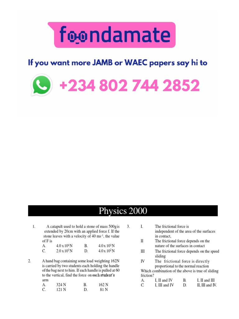 Jamb Physics 2000 | PDF | Friction | Inductor