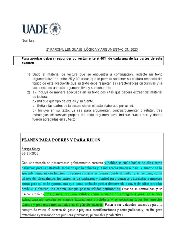 Modelo 2º Parcial de Lenguaje, Lógica y Argumentación 2023 | PDF | Ciencias sociales