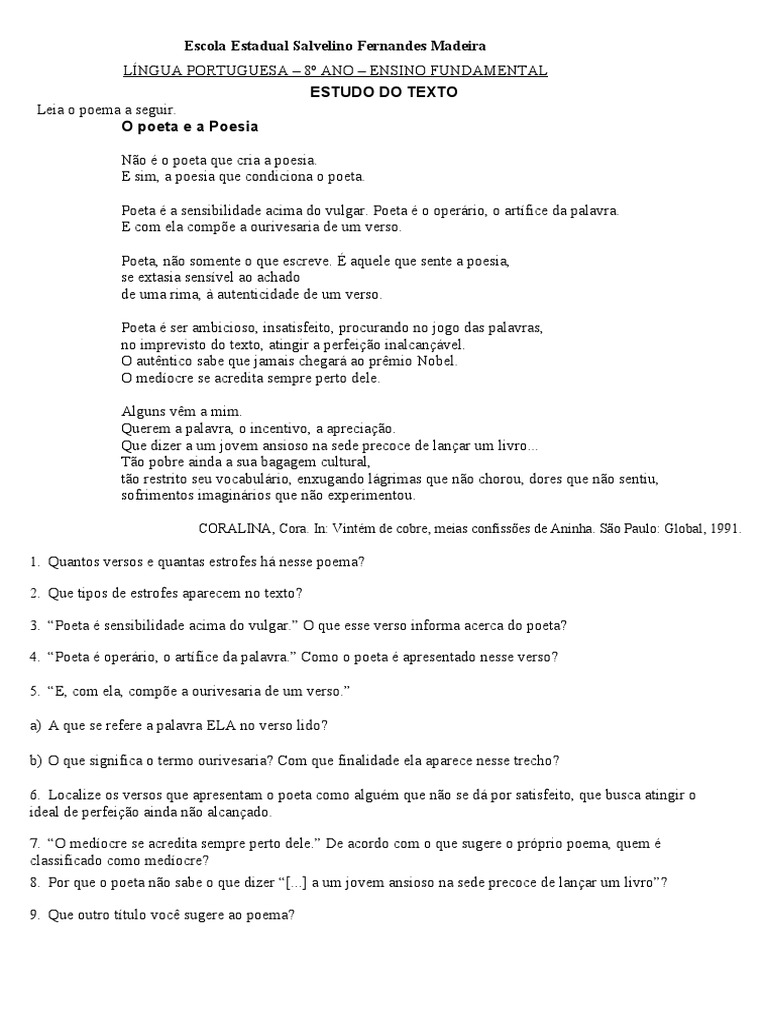 Atividade Complementar LP 8º Ano Convertido 1 | PDF | Poesia | Pobreza