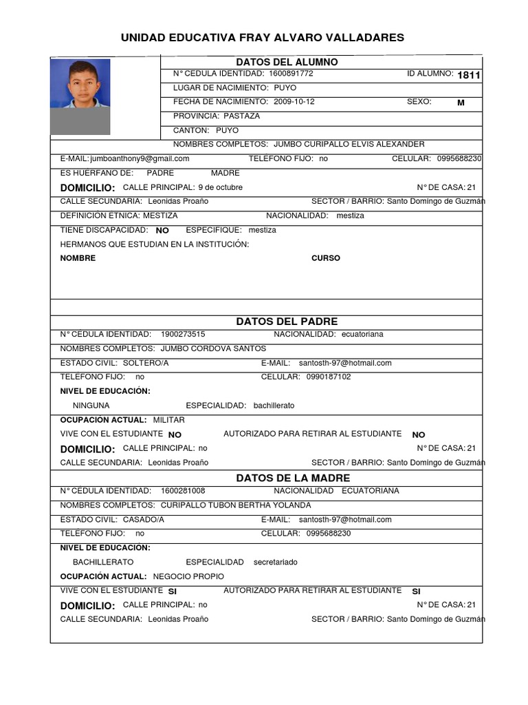 Unidad Educativa Fray Alvaro Valladares: Datos Del Alumno | PDF