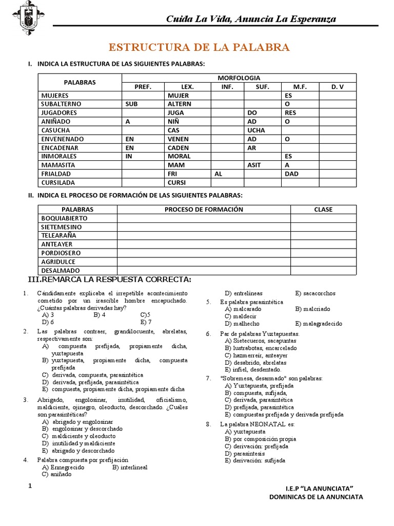 Actividades Estructura de La Palabra | PDF
