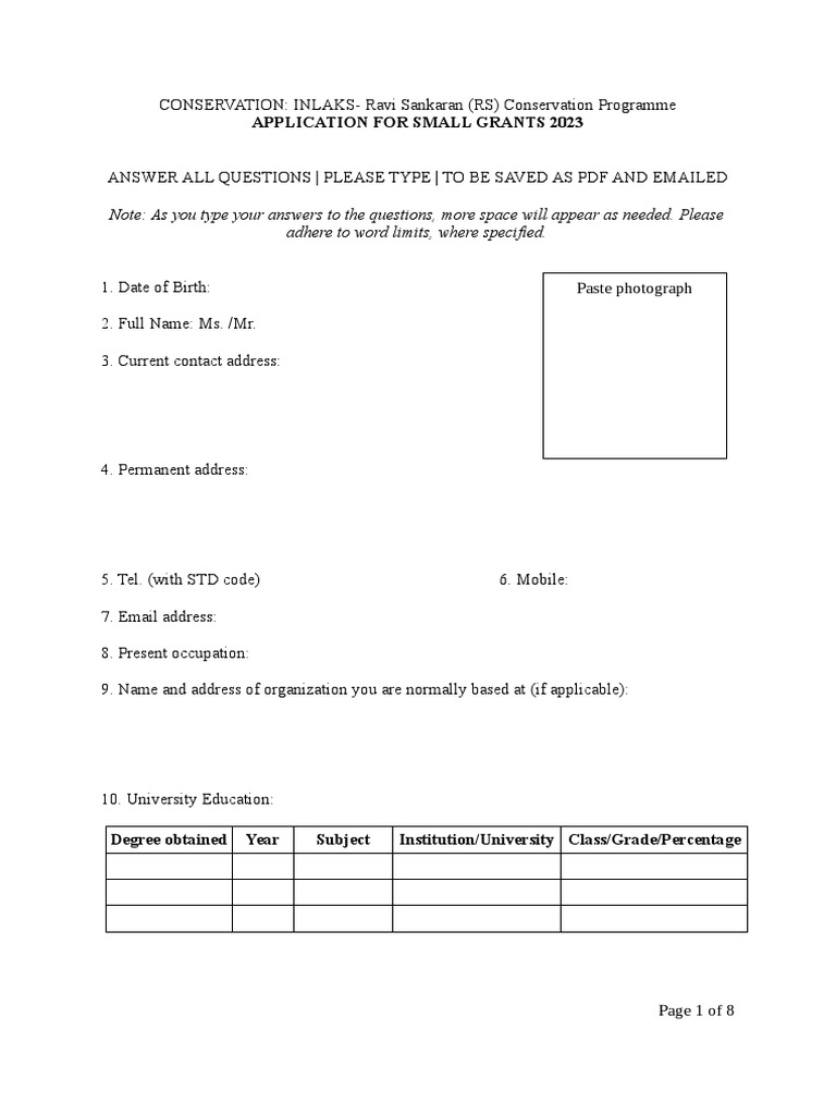 Conservation Application Form INLAKS RS Small Grants 2023 | PDF ...