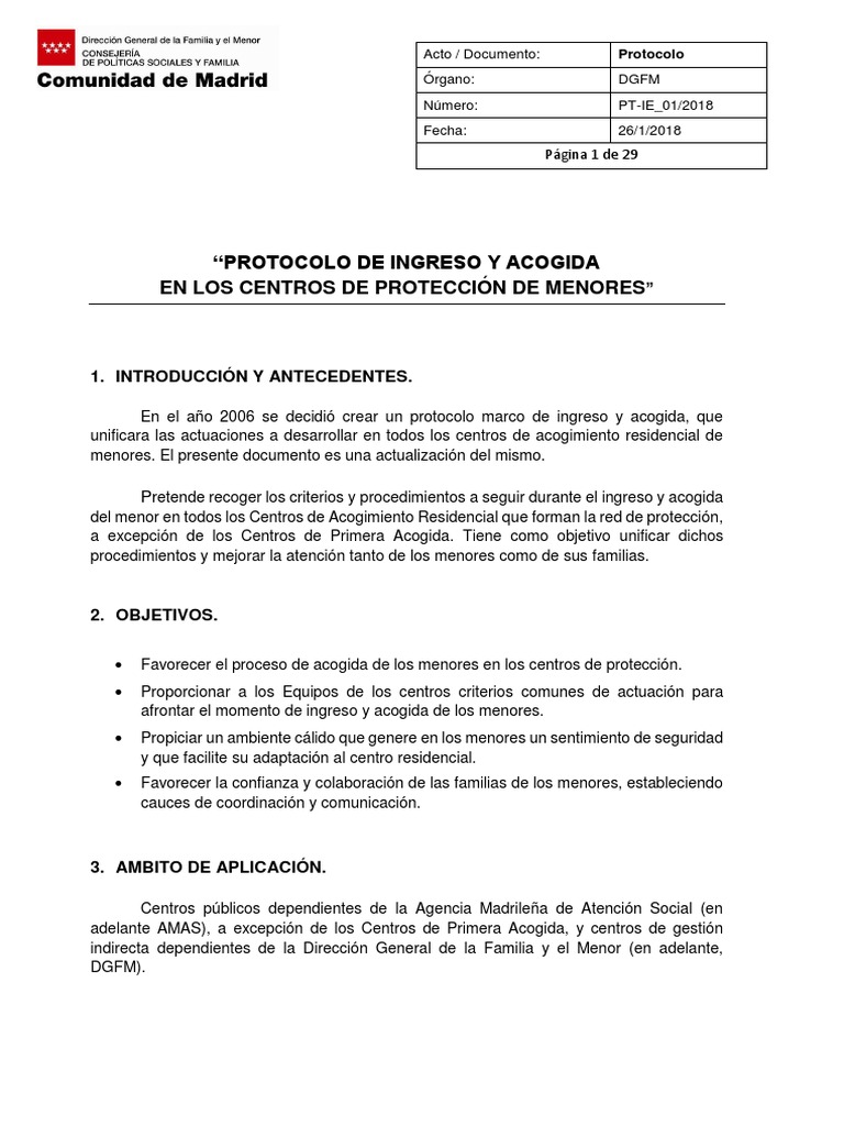"Protocolo de Ingreso Y Acogida en Los Centros de Protección de Menores | PDF | Familia ...