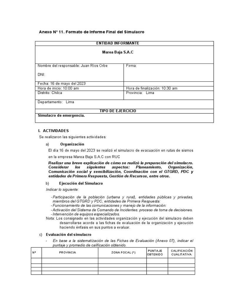 Anexo - #11. Formato de Informe Final Del Simulacro | PDF