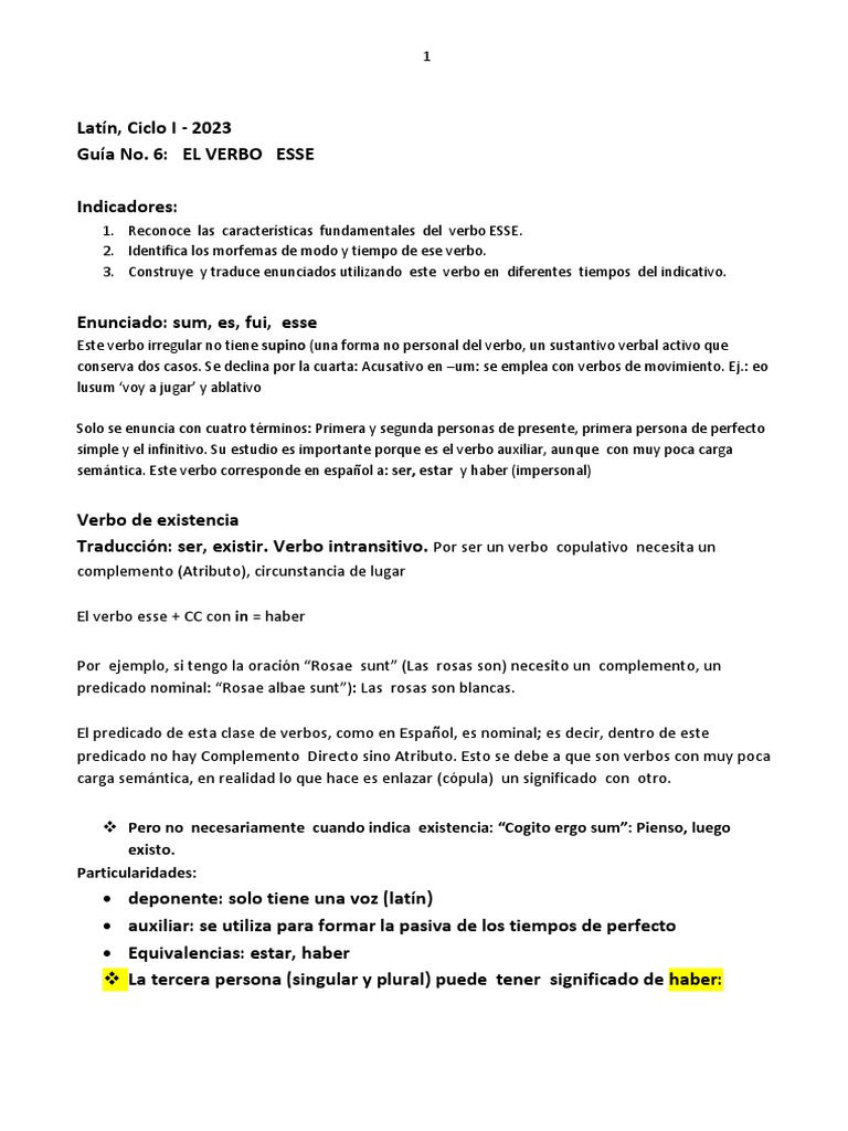 Guía 6 - Verbo ESSE - 2023 | PDF | Verbo | Predicado (Gramática)