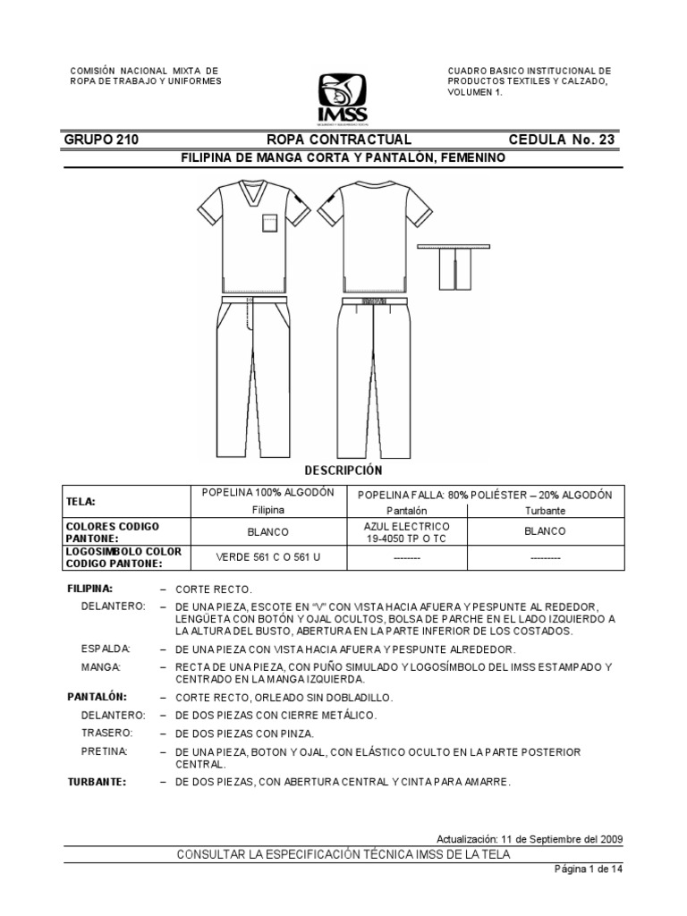 Especificaciones Uniforme IMSS 2024 | PDF | Ropa | Softlines (venta ...