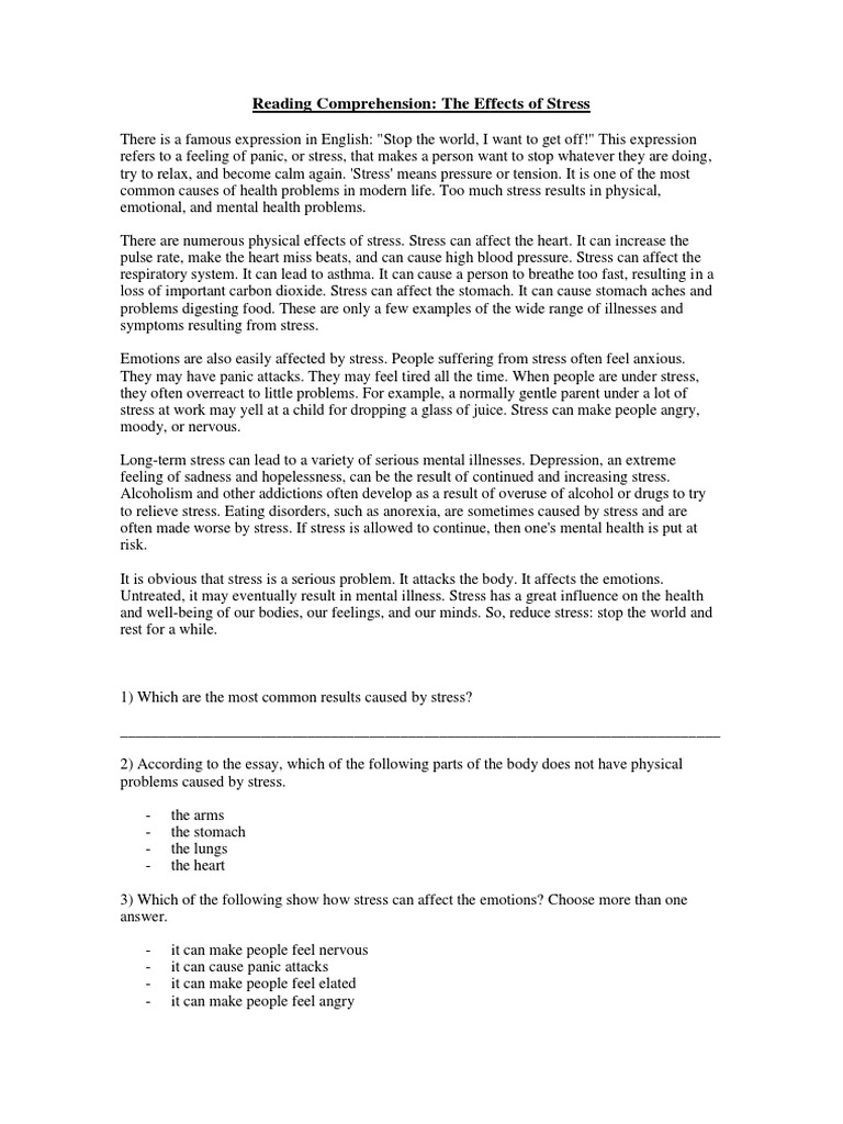 Reading Comprehension 2 - The Effect of Stress - 4to A | PDF | Stress ...