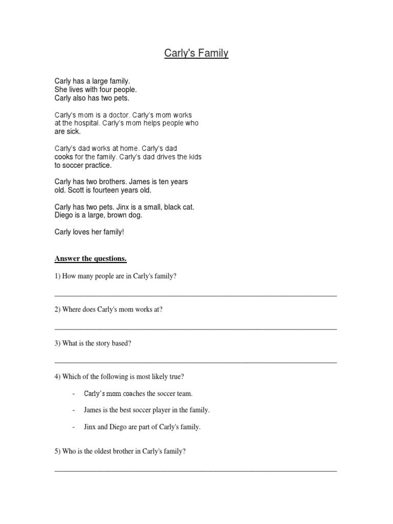 Reading Comprehension 2 - Carly's Family | PDF | Wellness