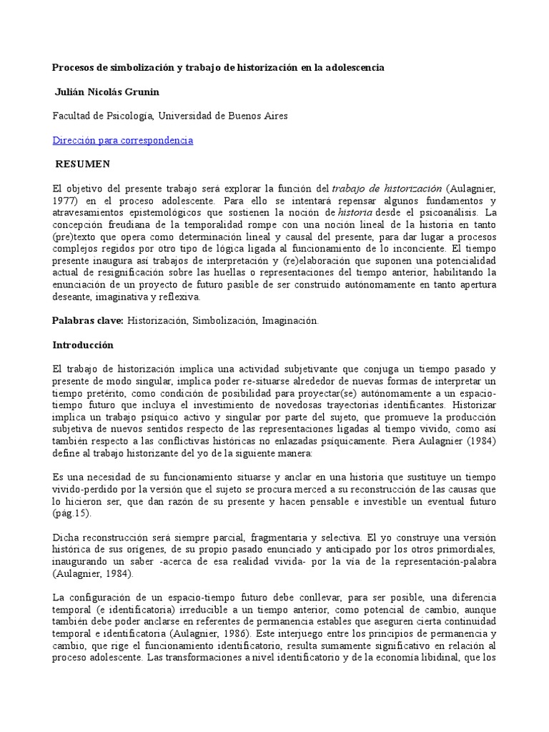 Aulagnier - Procesos de Simbolización y Trabajo de Historización en La ...