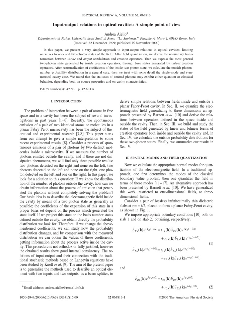 Input-output relations in optical cavities: A simple point of view | PDF | Photon | Quantum ...