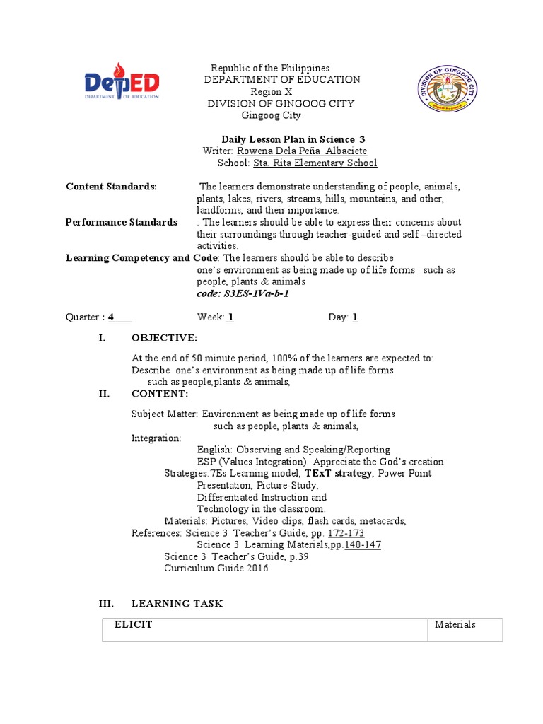 Rowena Dela Peña Albaciete - G3 - Q4 - WK1 - DAY1-5 | PDF | Learning | Lesson Plan