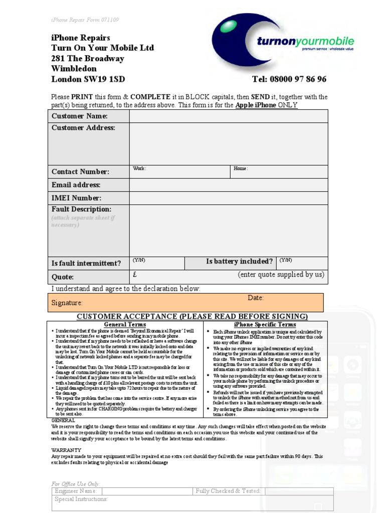 iPhone Repair Form | I Phone | Contractual Term