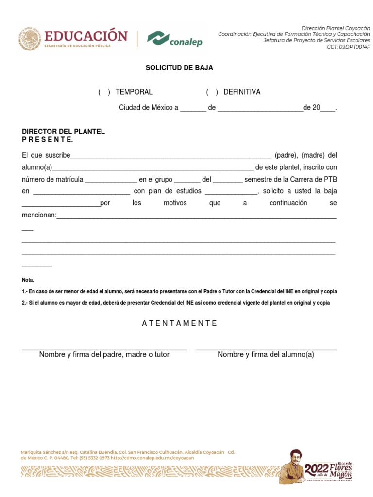 Solicitud de Baja en Conalep Coyoacán | PDF