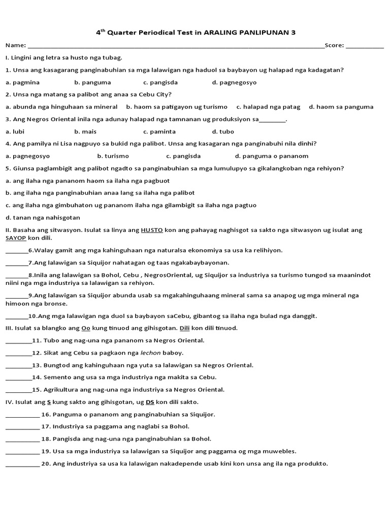 4th Quarter Periodical Test in AP 3 | PDF