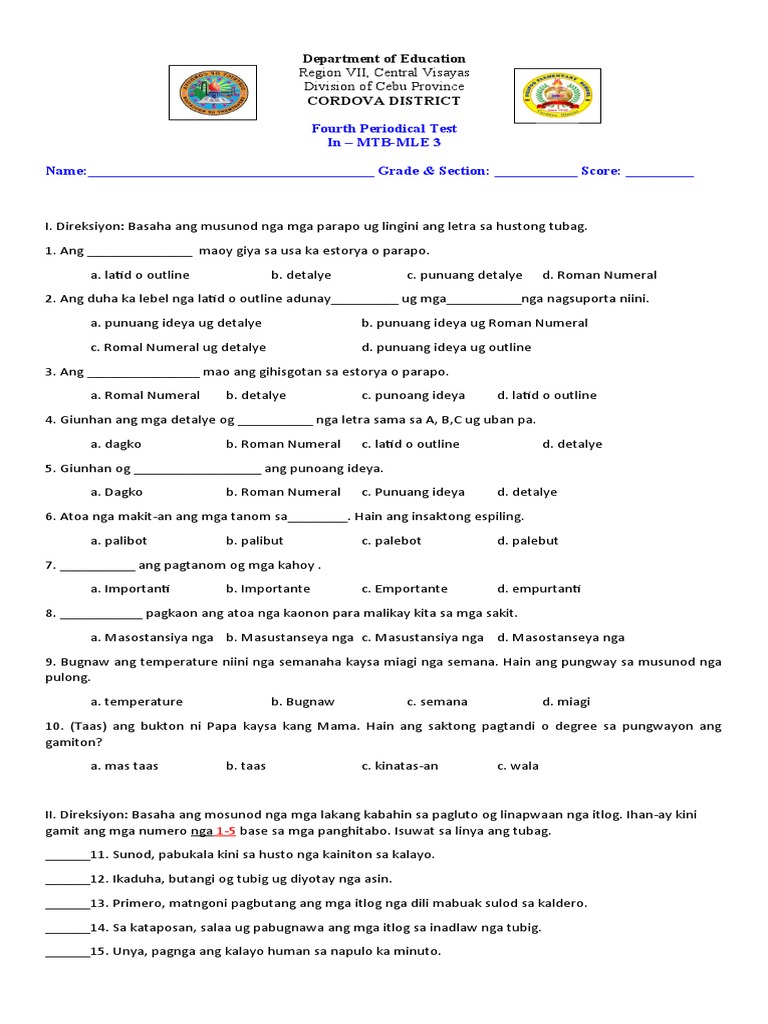 4th Periodical Test in MTB MLE 3 | PDF